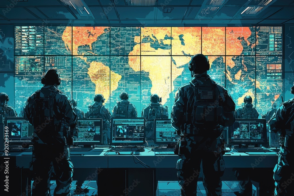 Strategic Military Planning in a High-Tech Command Center - Cartoon ...