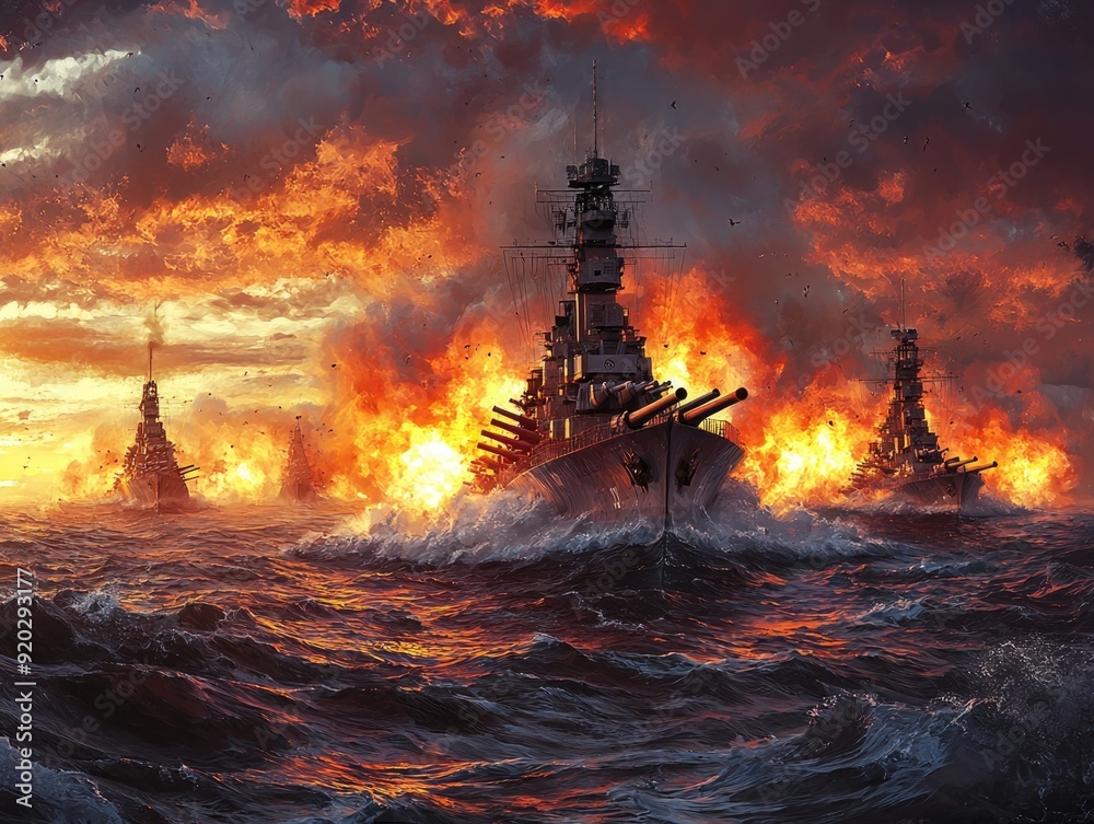 Intense Cartoon Warship Engaging in Cannon Fire Battle on Stormy Seas ...