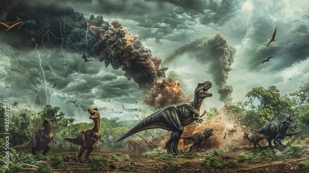Dinosaurs run from a fiery explosion in a prehistoric forest as ...