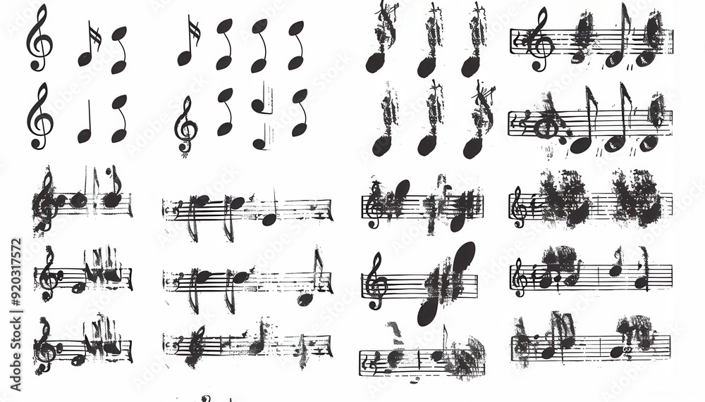 Handwritten musical notes and symbols on sheet music with various ...