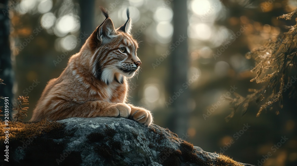 An intimate close-up of a lynx watching from a rock in the forest, side ...