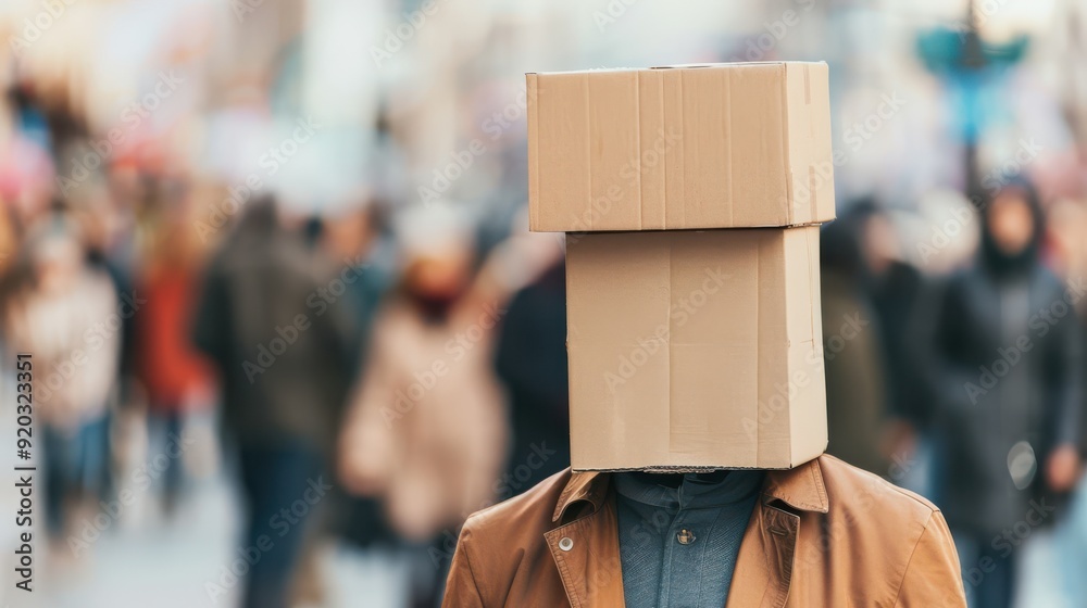 A person in a crowded street wears a box on their head, showcasing an ...