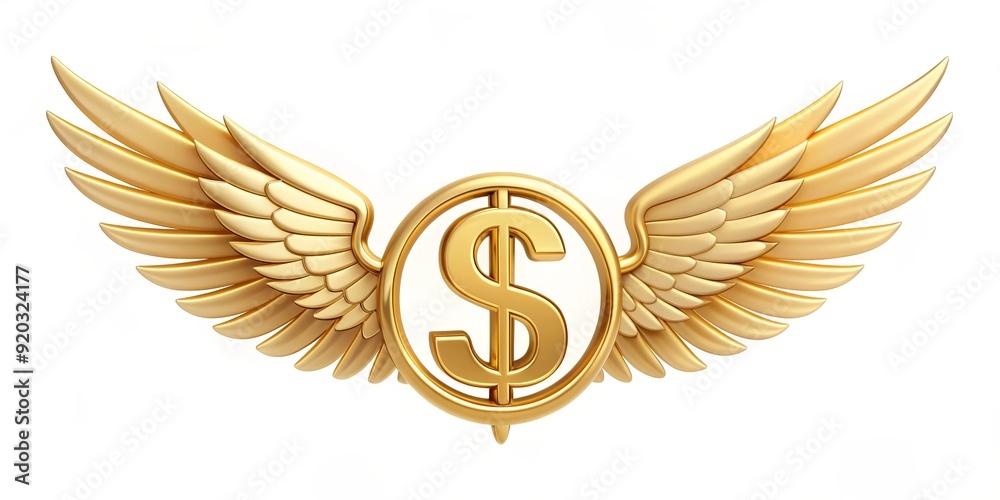 Gold dollar sign with wings symbolizing financial freedom, in a flat ...