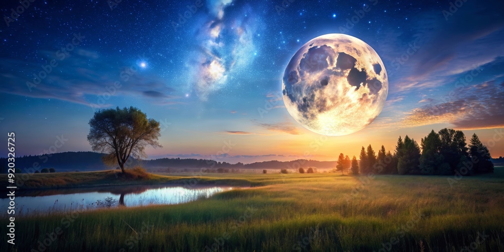 A beautiful picturesque scene of a full moon glowing in the night sky ...