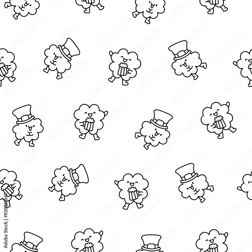 Cute kawaii lucky clover cartoon character. Seamless pattern. Coloring ...