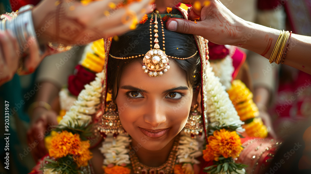 Indian wedding Griha Pravesh, bride being welcomed with aarti and tilak ...
