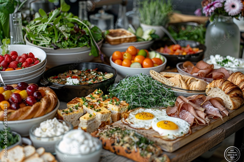 Brunch spread with a variet of dishes pastries. Village Breakfast with ...