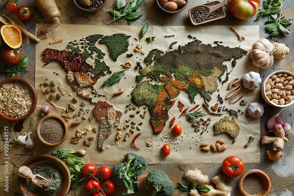 Diverse range of global cuisines. Top view of world map made of food ...
