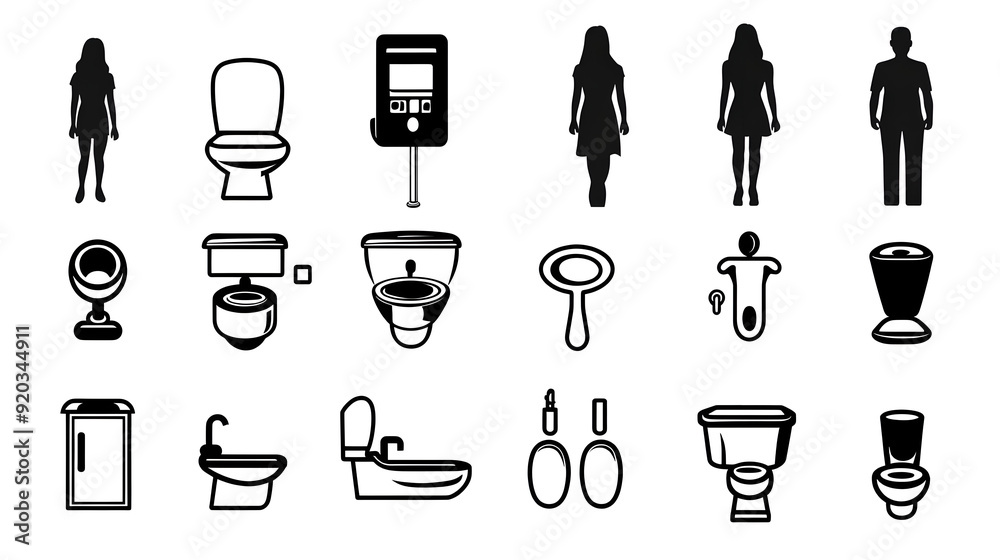 Collection of restroom-related icons and symbols for signage and ...