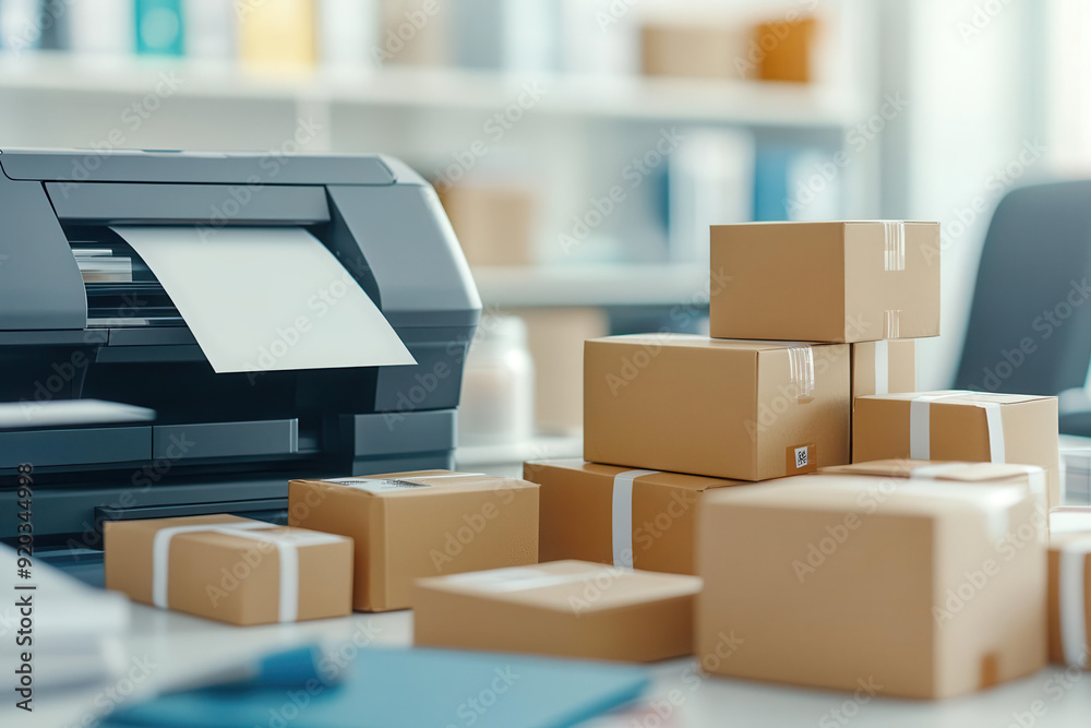 E-commerce shipping label creation with a close-up of a printer ...