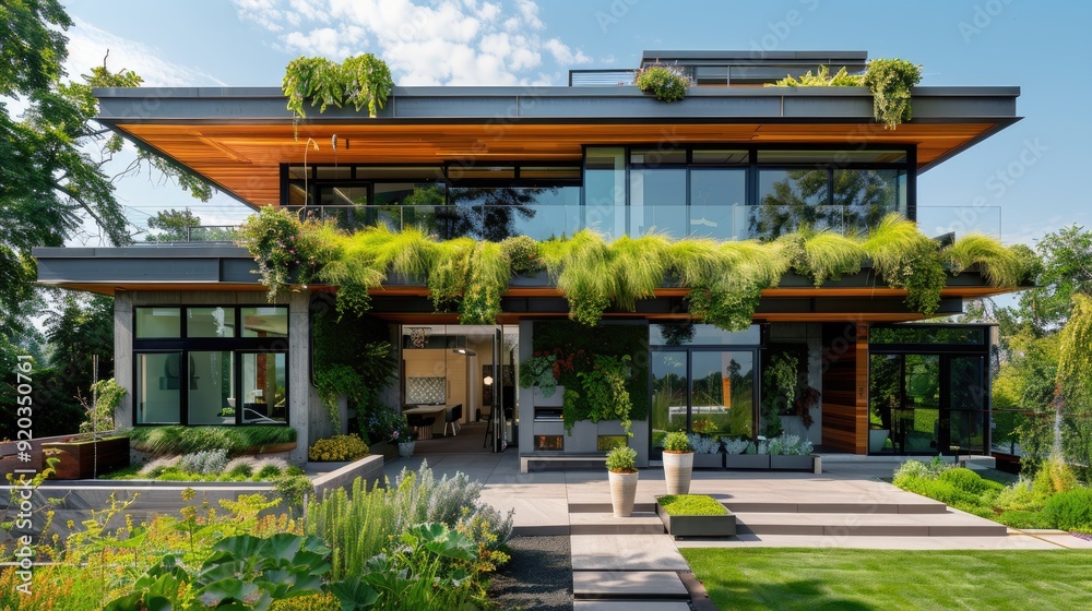 Modern, green home with large windows and lush landscaping. The ...