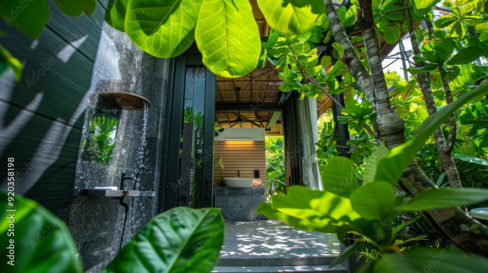 Lush tropical garden with an outdoor shower in a luxury villa, ideal ...