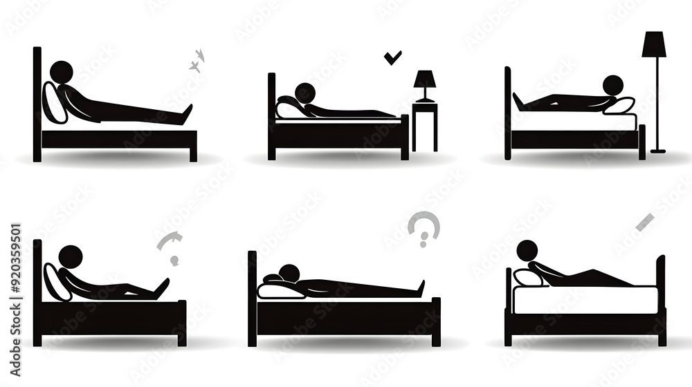 Six stick figures illustrate various sleeping positions and states of ...