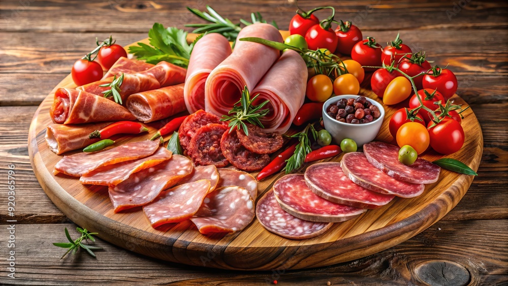 Colorful arrangement of various processed meats, including salami ...