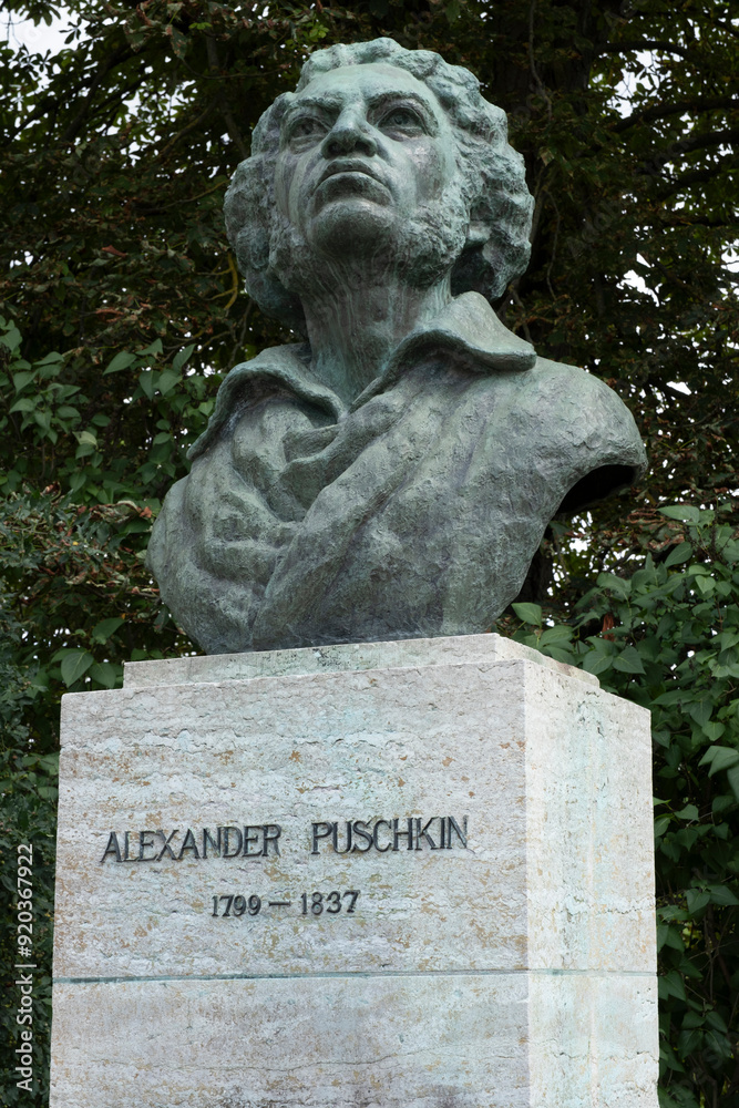 Bronze bust of author and politician Alexander Pushkin in Park on the Ilm, Weimar, Germany, July ...