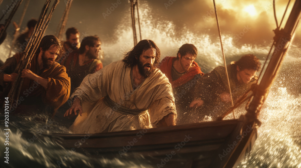 Jesus calming the storm while on a boat with his disciples Stock Photo ...