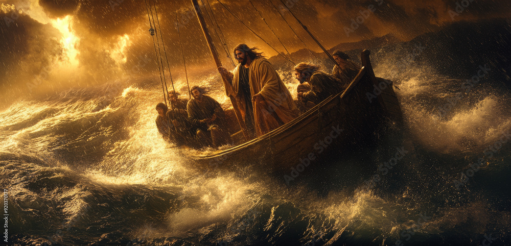 Foto de Jesus calming the storm while on a boat with his disciples do ...