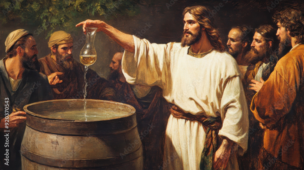 Jesus performing the miracle of turning water into wine Stock Photo ...