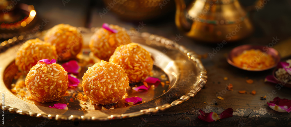 Traditional Indian sweets called laddoo on a golden plate for diwali ...
