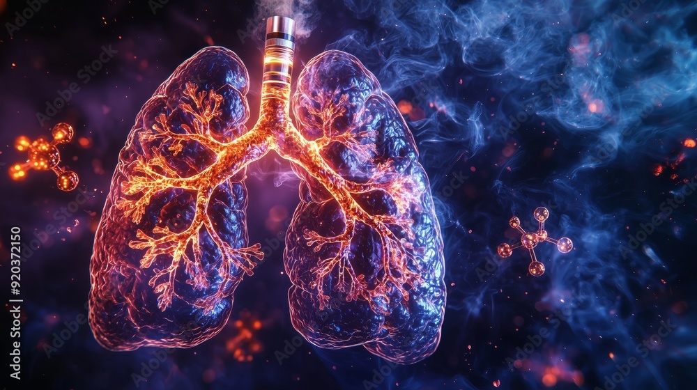 An illustration of a lung being damaged by e-cigarette vapor, with ...