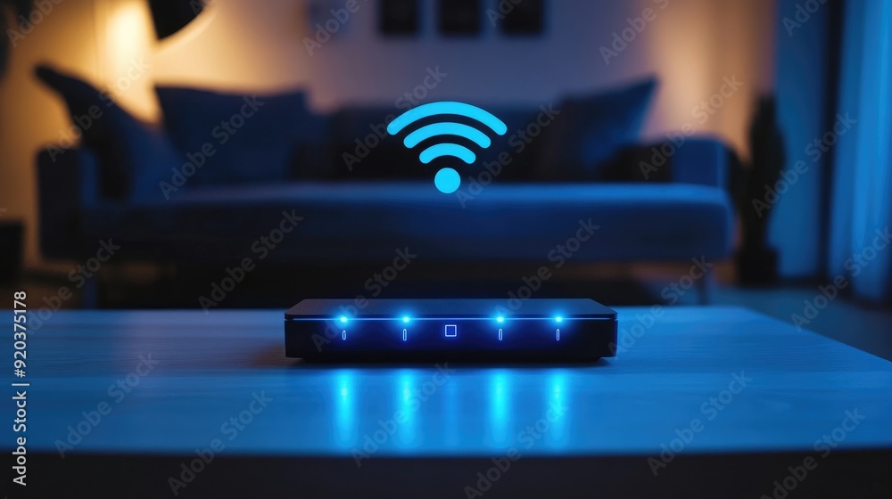 High-Tech Wireless Router with Blue LEDs and Wi-Fi Symbol in a Modern ...