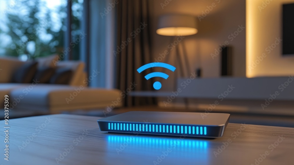 High-Tech Wireless Router with Blue LEDs and Wi-Fi Symbol in a Modern ...