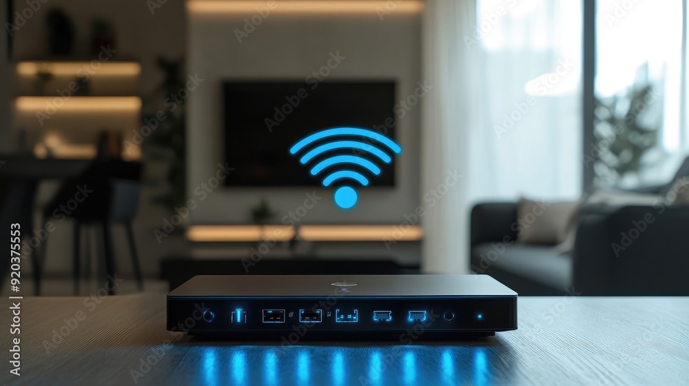 High-Tech Wireless Router with Blue LEDs and Wi-Fi Symbol in a Modern ...
