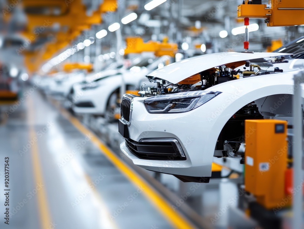 Modern car manufacturing process with vehicles on assembly line in ...