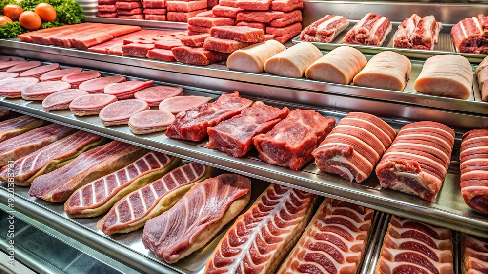 Freshly stocked meat department display case featuring various cuts of ...