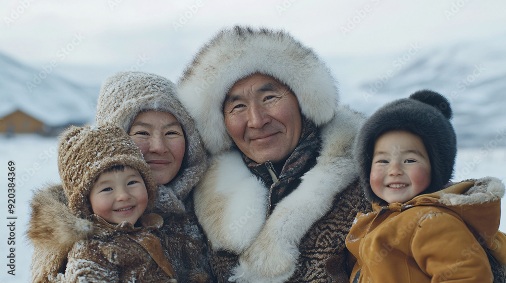 A portrait of an Eskimo family in traditional clothes, showcasing their ...