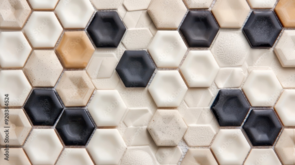 A modern hexagonal tile pattern featuring a blend of neutral and dark ...