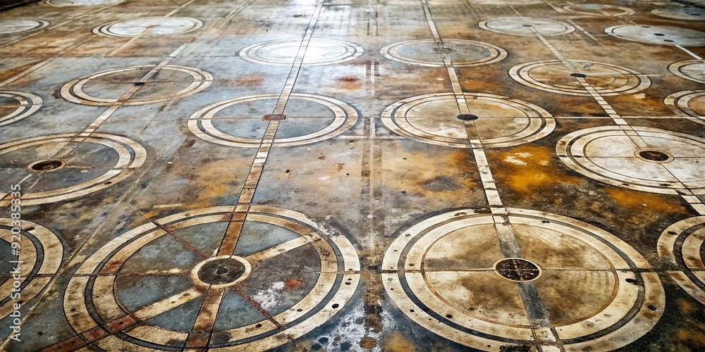 Weathered industrial floor showcases a faded, smudged stenciled design ...
