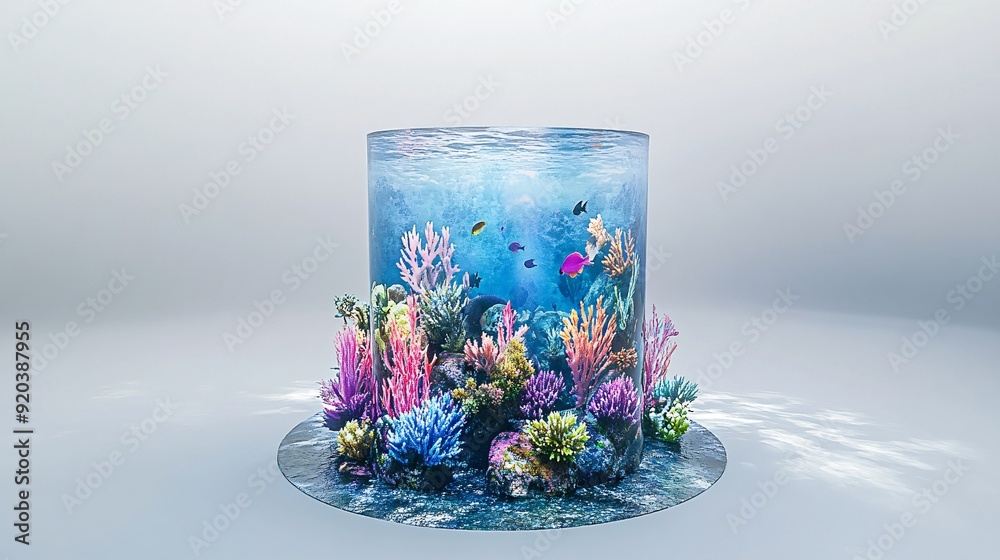240804 129. Acrylic display riser with coral reef underwater scene ...