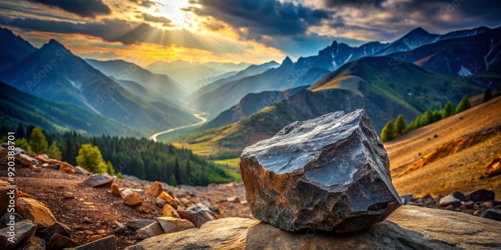 Rugged stone valley landscape serves as a backdrop for a chunk of pure ...