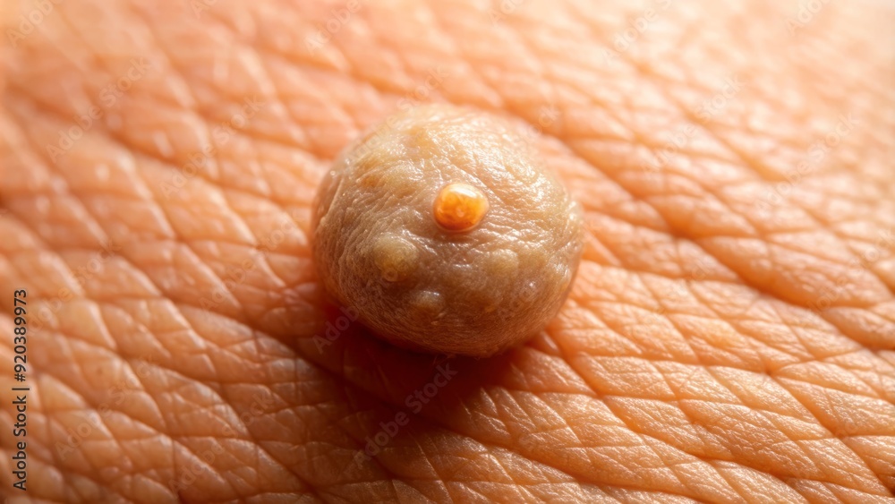 Macro close-up of a small, fluid-filled lump under the skin, with a ...