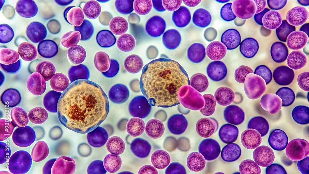 Microscopic view of abnormal bone marrow cells, displaying immature ...