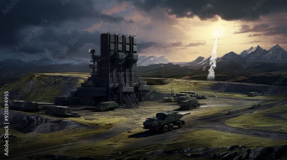 Anti air missile launch system in military base territory. Neural ...