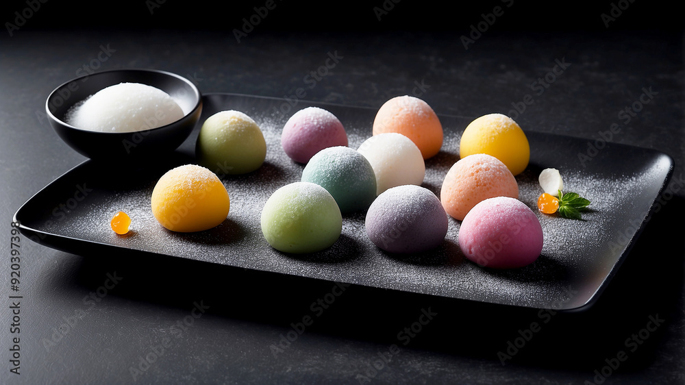 mochi being served on a sleek, dark plate against a dark table ...