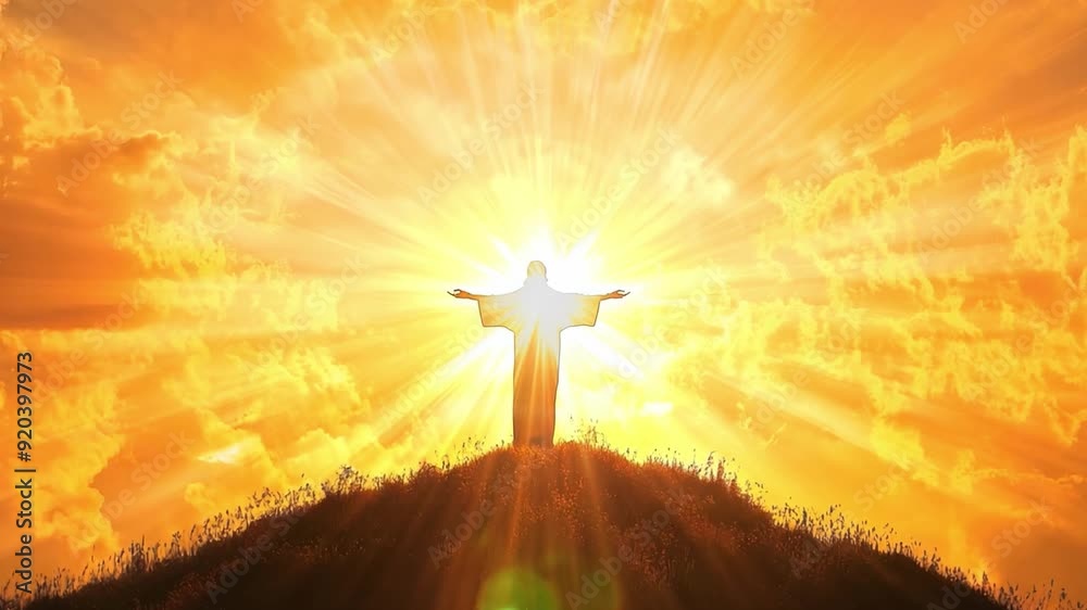 Jesus silhouette in a peaceful scene, perched on a hilltop with the sun ...
