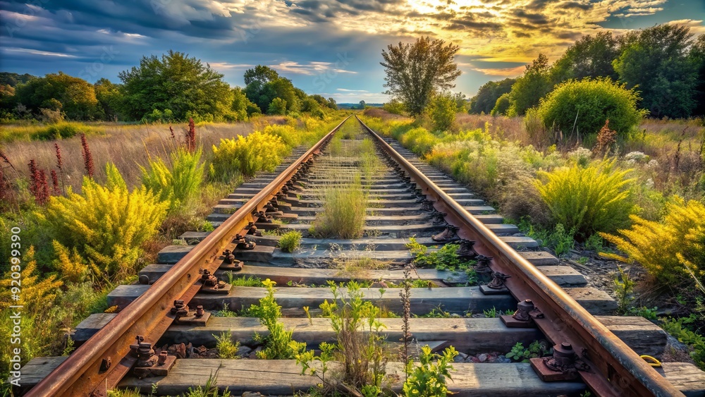 Rusted vintage railroad tracks stretch into the horizon, surrounded by ...