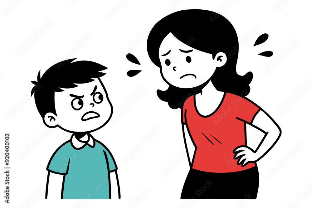 Vetor de Angry Mom Scolding Upset Son Line Art Doodle of Mother and ...