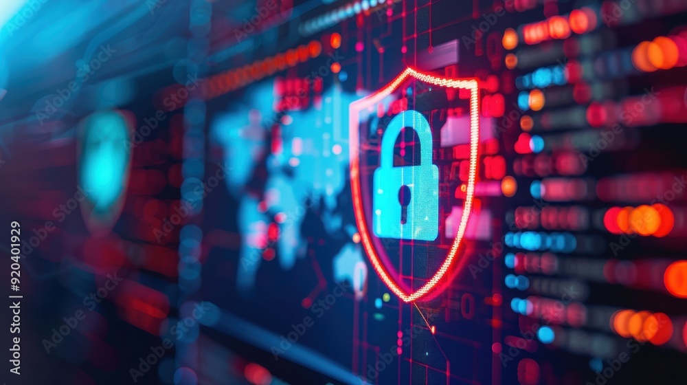 Cybersecurity Shield and Padlock on Digital Monitor, a vibrant visual ...