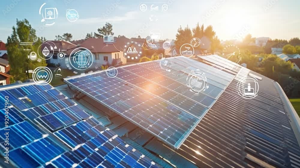 A rooftop solar panel and ESG icons, positioned against a vivid green ...