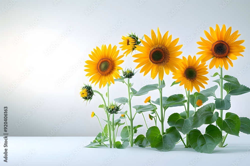 Sunflowers arranged in a row with an architectural blueprint of a ...