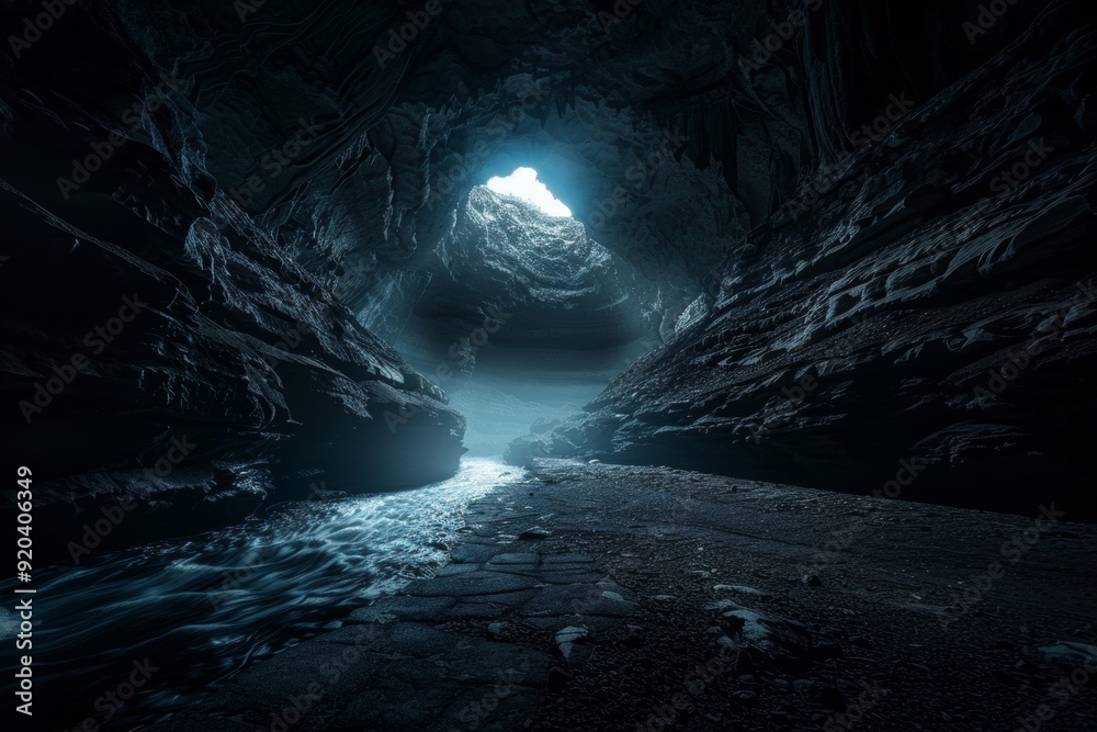 A dark subterranean space reveals unique earth formations, where ...