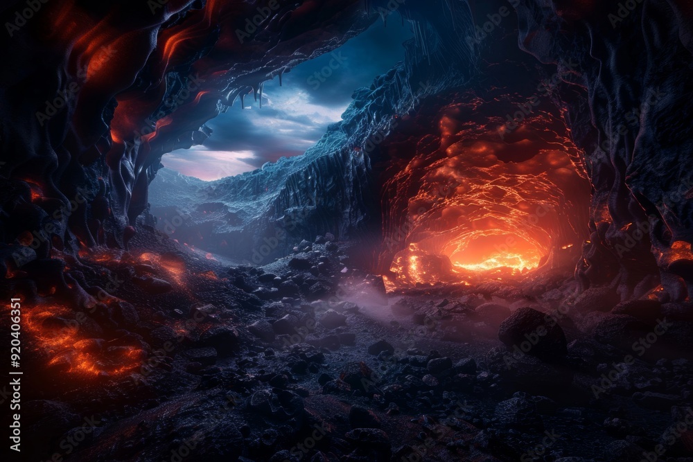 A dark subterranean space reveals unique earth formations, where ...