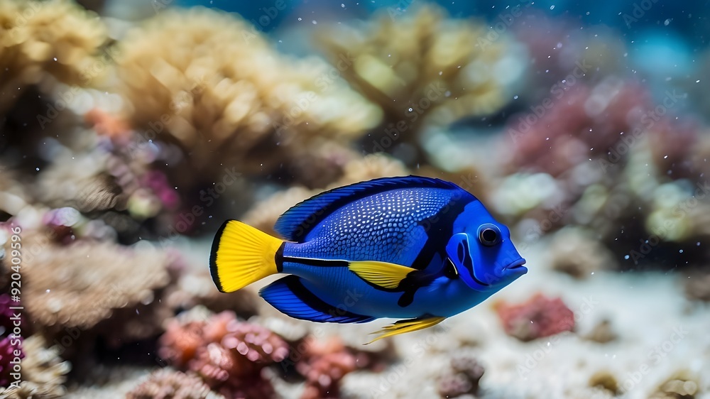 Blue tang fish in close-up in the Coral Reef; macro view; colorful ...