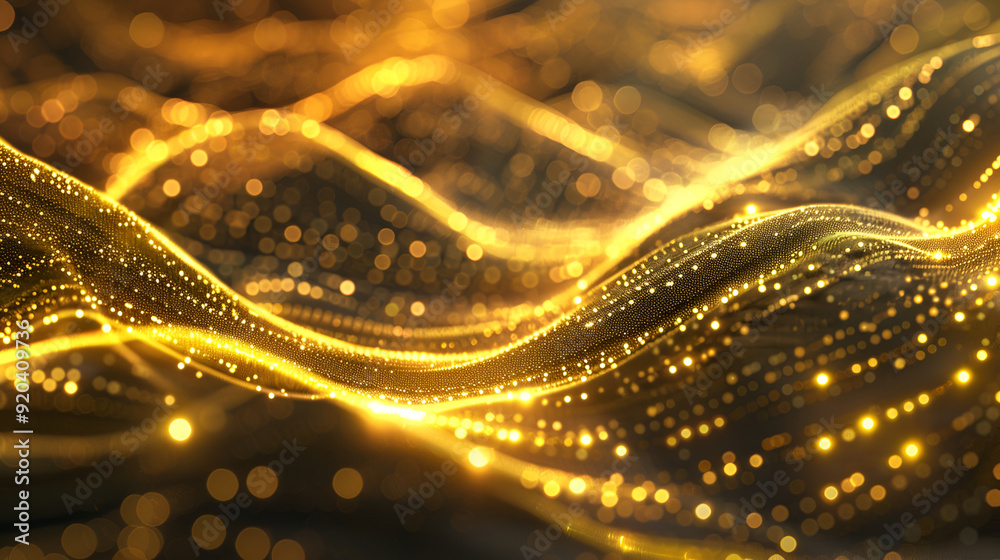 Abstract gold color digital particles wave with bokeh and light ...