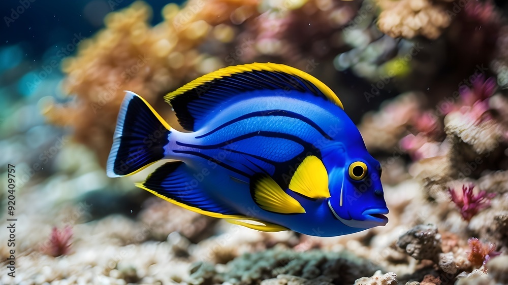 Blue tang fish in close-up in the Coral Reef; macro view; colorful ...