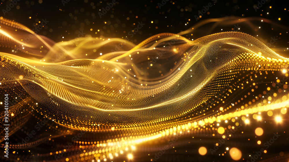 Abstract gold color digital particles wave with bokeh and light ...